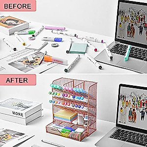 Spacrea Pen Holder Desk Organizer - Desk Organizers and Accessories, Pencil Holder with 10 Compartments and 1 Drawer（Rose Gold）