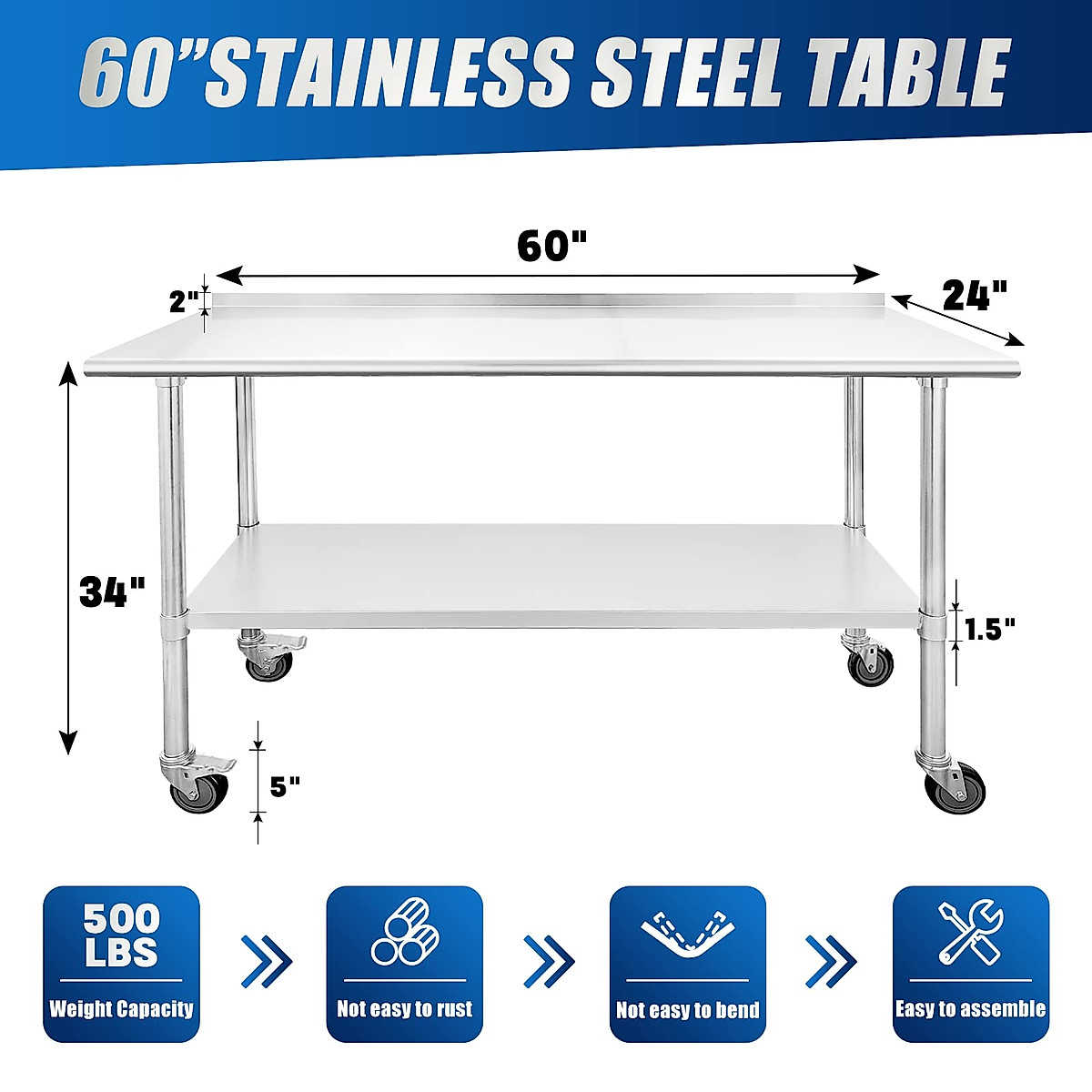 Chingoo Stainless Steel Table with Wheels 24 x 60 Inches Metal Prep Table with Backsplash & Adjustable Undershelf, Stainless Table for Commercial Kitchen, Outdoor, Restaurant, Hotel & Garage