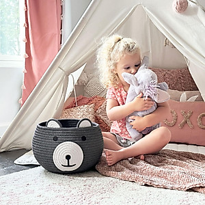 CherryNow Cute Bear Round Basket - Cotton Rope Baskets in Living Room Woven Baby Shower Basket Bedroom Storage Bakset for Children Corner Plant Basket Indoor, Grey, 10.5"D x 8.5"H