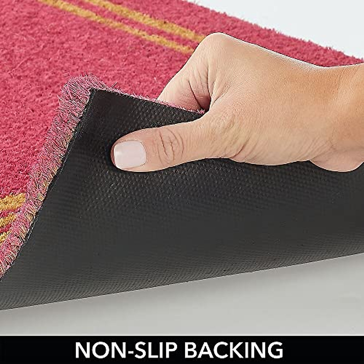 mDesign Rectangular Coir and Rubber Entryway Welcome Doormat with Natural Fibers for Indoor or Outdoor Use - Decorative Script Hello Design - Dark Pink/Natural