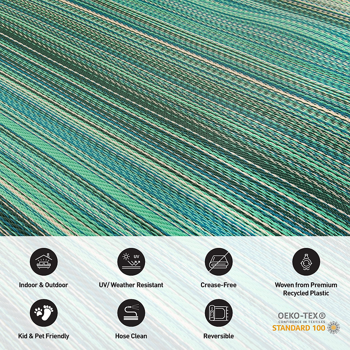 Rugshop Contemporary Stripe Reversible Crease-Free Waterproof Premium Recycled Plastic Outdoor Rugs for Patio,Backyard,RV,Deck,Picnic,Trailer,Beach,Camping Blue 3' x 5'