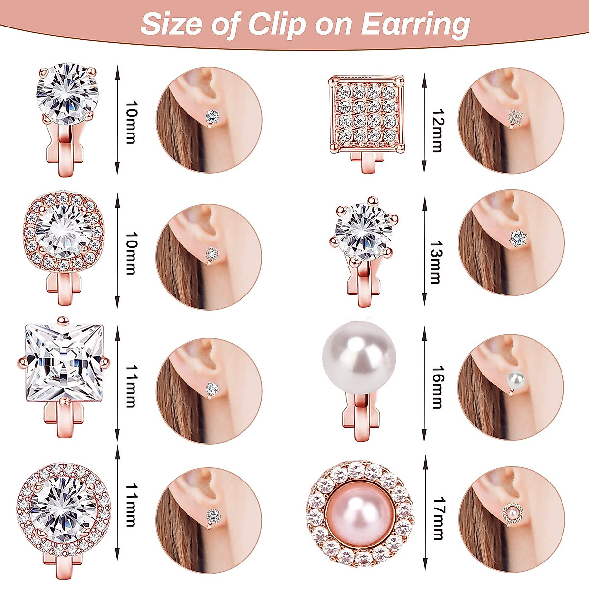 Crazypiercing 8 Pairs Clip on Earring Rose Gold Non-Pierced Earring Crystal CZ Pearl Clip on Stud Earring Non Pierced Earrings Set for Women