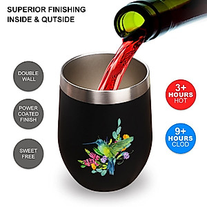Hon-Lally Hummingbird Flower Pattern 12 oz Stainless Steel Wine Tumbler with Lid Mug Cup Double Wall for Coffee, Cocktail, Drink, Tea and Beer - black-style