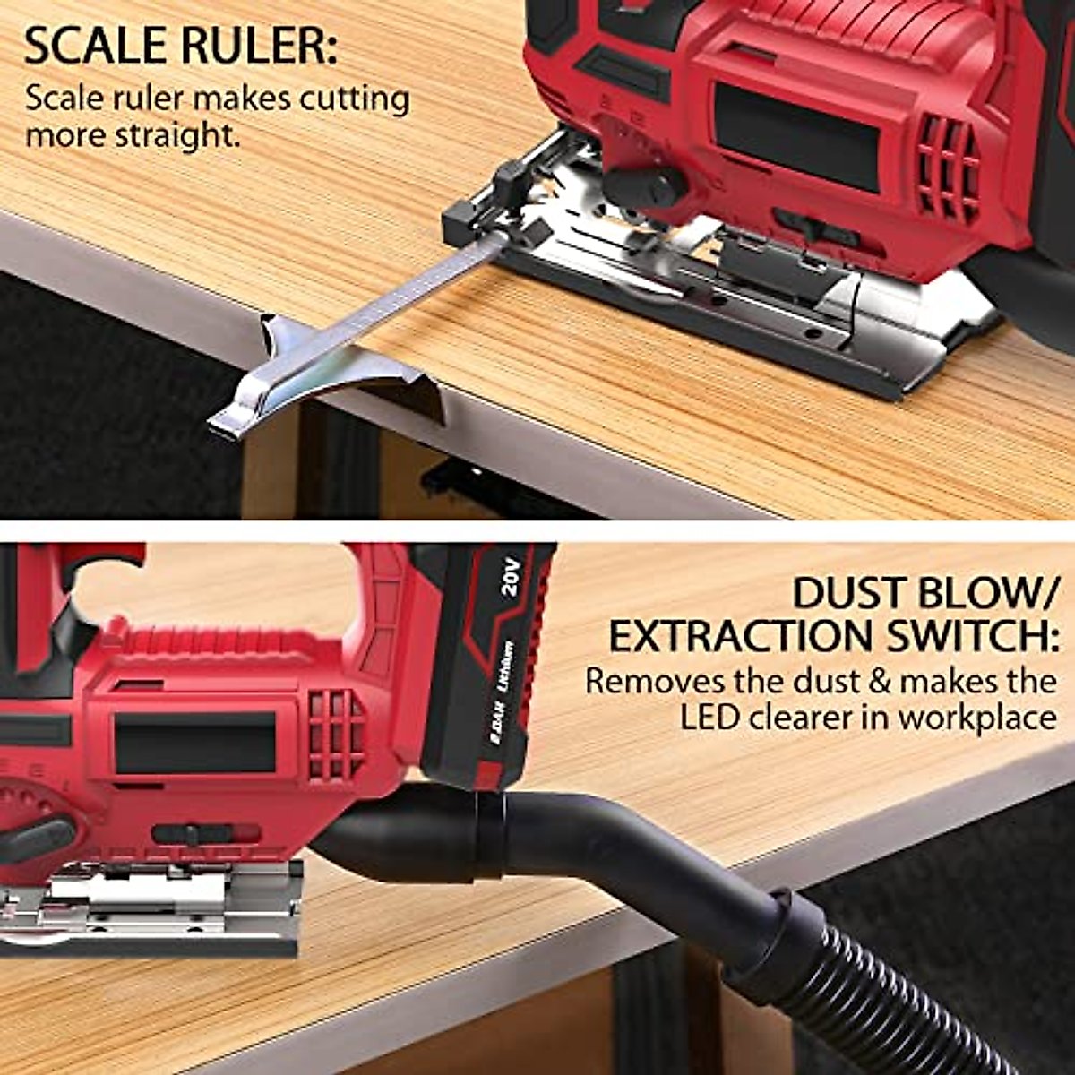 Jigsaw, 20V Cordless Jig Saws with LED, 10Pcs Blades, 4 Orbital Settings, Variable Speed, ±45° Bevel Cutting, Scale Ruler, Tool-free Blade Changing, Battery & Carrying Bag & Fast Charger Included（A）