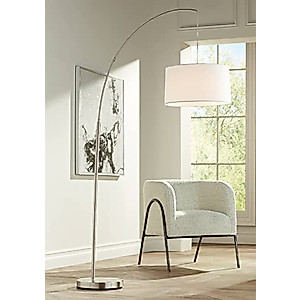 360 Lighting Cora Modern Arched Task Floor Lamp Standing 72" Tall Brushed Nickel Silver Off White Linen Fabric Drum Shade for Living Room Reading House Bedroom Home Decor