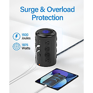 Power Strip Tower with 16 Outlets and 5 USB Ports (2 USB-C), TenTrend 1875W 1500J Surge Protector with 6 FT Extention Cord, Multi Outlet Tower for Home Office Desk, Dorm Room Essentials Black