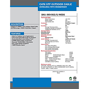 Vertical Cable Cat6, Overall Shielded, UV Jacket, Outdoor, CMX, Messenger, 1000ft, Black, Bulk Ethernet Cable, Wooden Spool