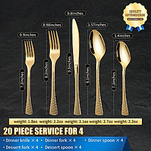 Lemeya Hammered Gold Silverware Set for 4,Stainless Steel 20-Piece Modern Cutlery Set,Mirror Polished Heavy Duty Flatware Set Utensil Set,Knives Spoons and Forks Set,Dishwasher Safe