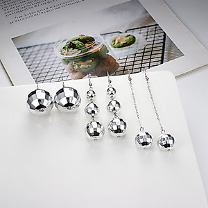 THUNARAZ 8 Pairs Sparkled Disco Ball Earrings for Women Silver Mirror Ball Dangle Earrings 60s 70s Disco Earrings Halloween Party Disco Outfit Costume Accessories