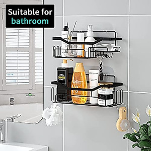 WWMMJA Shower Caddy Bathroom Organizer with Soap Holder Rustproof Shower Caddy Basket Shelf Hooks No Drilling Adhesive Wall Mounted Bathroom Storage Shampoo Holder Organizer, 2 Pack Black