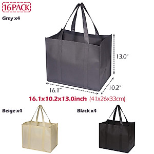 DIOMMELL 16 Pack Reusable Grocery Bags Large Foldable Heavy Duty Shopping Tote Produce Bag with Reinforced Handles for Groceries Clothes Vegetables Fruit, Black Gery Beige