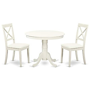 East West Furniture ANBO3-LWH-LC 3 Piece Modern Set Contains a Round Table with Pedestal and 2 Faux Leather Kitchen Dining Chairs, 36x36 Inch, Linen White