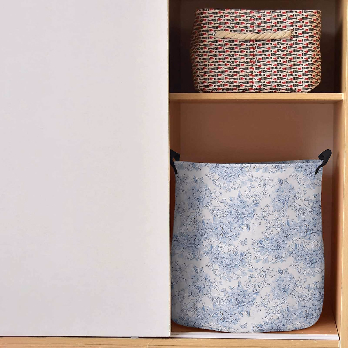 Laundry Basket Spring Blue Hydrangea Floral White,Waterproof Collapsible Clothes Hamper Pastoral Aesthetic Flower,Large Storage Bag for Bedroom Bathroom