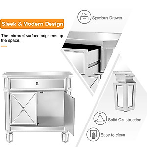 VINGLI Mirrored Cabinet, Mirrored Nightstand, Mirrored Dresser Accent Chest, Large Mirror Nightstand with 1 Drawer and Two Doors, 27.5”W x 13.4”D x 27.5”H, Mirror