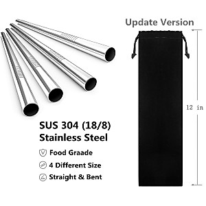 Reusable Stainless Steel Drinking Straws, 20 Pcs 4 Size - 6.3'' 7.1'' 8.5'' 10.5'', BPA Free Long Short Smoothie Drinking Curved Bent Straws with 2 Brushes and Carry Bag, Fit for 10/20/30 oz Tumblers