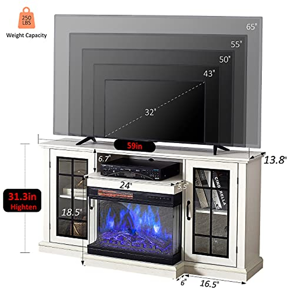 Amerlife 3-Sided Glass Fireplace TV Stand for TVs up to 65", Modern Media Entertainment Center Console Table with Glass Door Closed Storage, Distressed White