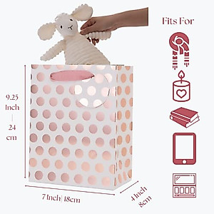 UNIQOOO 12PCS Christmas Metallic Rose Gold Gift Bags Bulk with Tag, Medium 9x7 Inch, Modern Pink Polka Dots Foil Paper Wrap Bags, for Wedding, Birthday, Valentine's Day, Mother's Day Gift Packaging Décor Party Favor