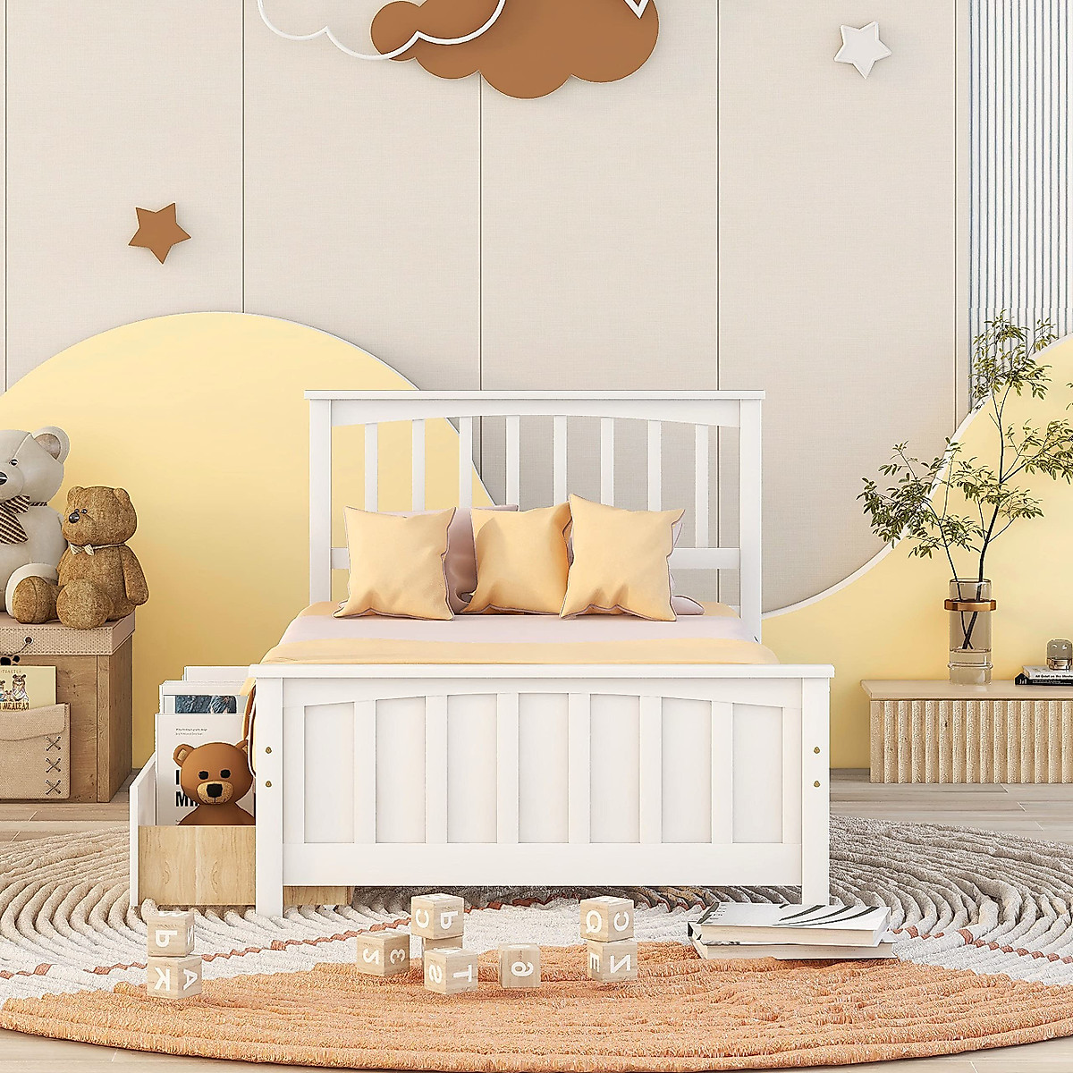 Harper & Bright Designs Twin Bed Frame with Storage, Solid Wood Platform Bed Frame with 2 Drawers, Headboard for Kids, Teen, Adults, No Box Spring Needed, White