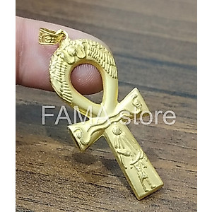 FAMA.store Egyptian Jewelry Ankh Cross Key of Life 18K Solid Yellow Gold necklas Pendant #6 (Large)