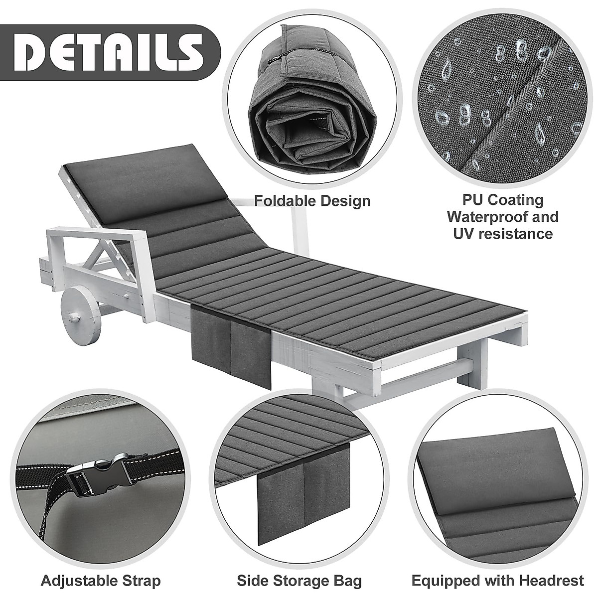 Hoolerry 2Pcs Folding Chaise Lounge Cushion Outdoor 72'' x 21'' Waterproof Lounge Chair Cushion Sofa Lawn Lounge Cushion with Headrest and Pocket Patio Recliner Cushion for Pool, No Chair (Grey)