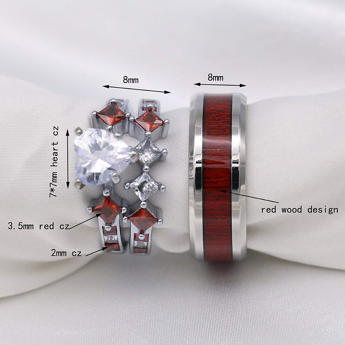 ringheart Couple Rings White Gold Filled Heart Stone Red Cz Womens Wedding Ring Sets Wood grain Man Tungsten Wedding Band