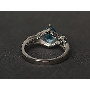 LUO 925 Sterling Silver Swiss Blue Topaz Ring Kite Set Square Cut 7X7 MM Engagement Ring for Women US Size 5