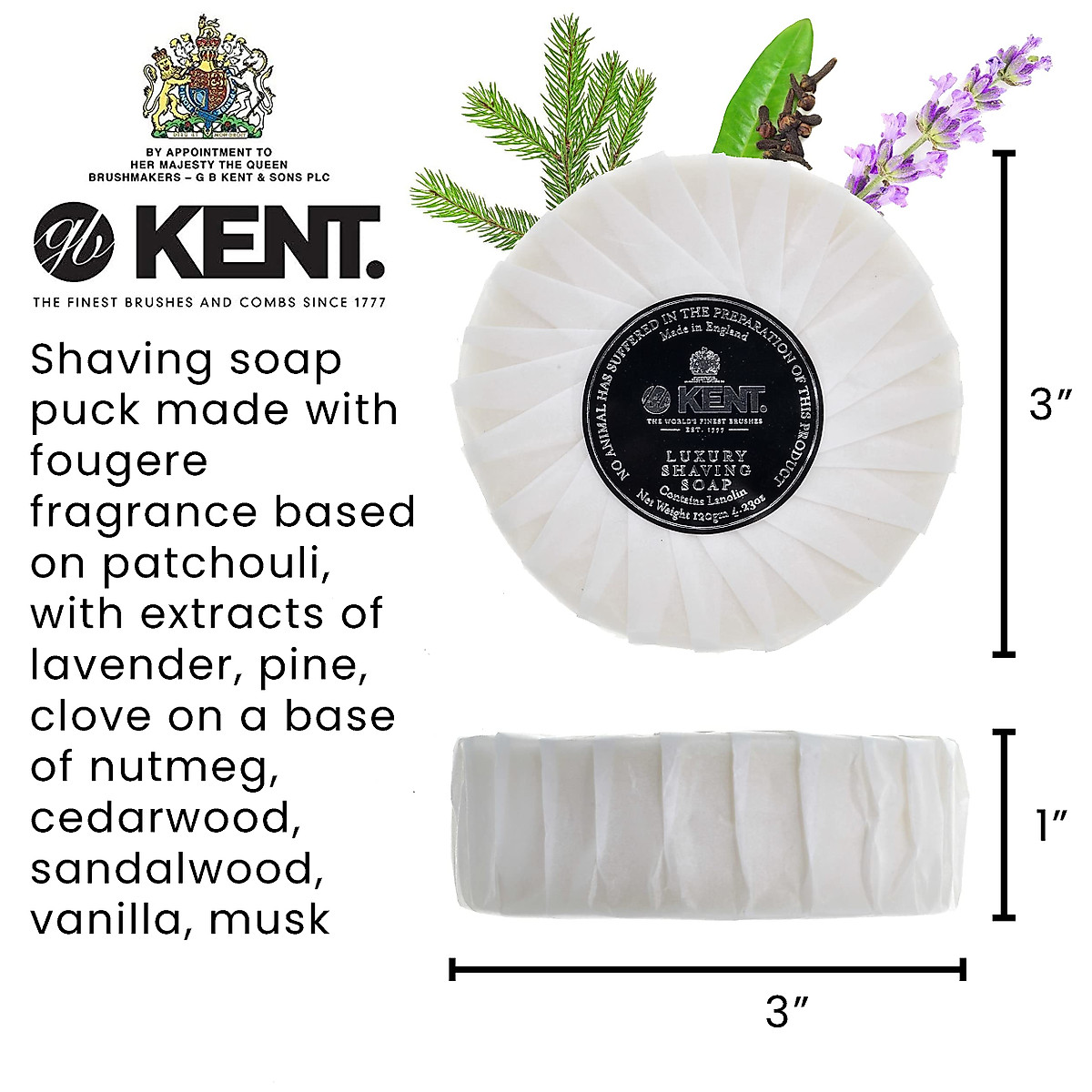 Kent SB2 Shaving Soap Puck Shaving Soap Refill for Men for Shaving Soap Bowl Use with Shaving Brush for Men, Luxury Shave Barber Soap Made with Extracts of Lavender, Pine, and Clove, Made in England