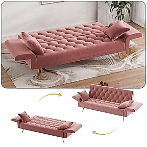 DAMAIFROM 71" Velvet Couch, Futon Sofa Bed, Sleeper Sofa with Adjustable Back, Loveseat,Mid Century Modern Couches with Folding Armrests for Living Room, Bedroom,Small Spaces (Rose Pink)