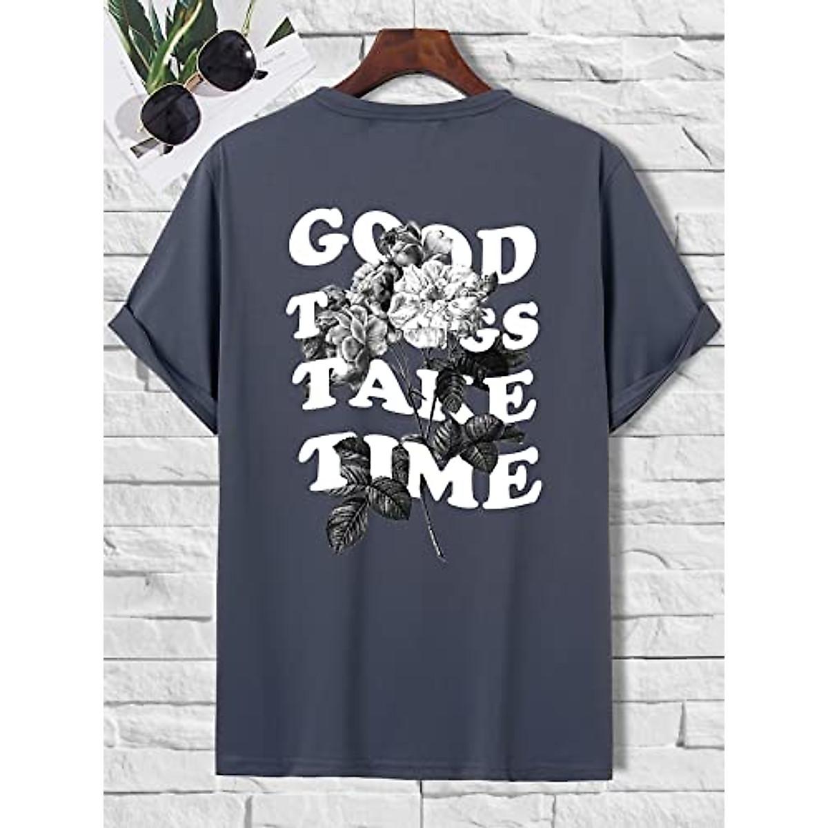GORGLITTER Men's Novelty Casual Letter Graphic Crewneck T-Shirt Half Sleeve Oversized Tee Top Dark Grey Floral & Slogan Large