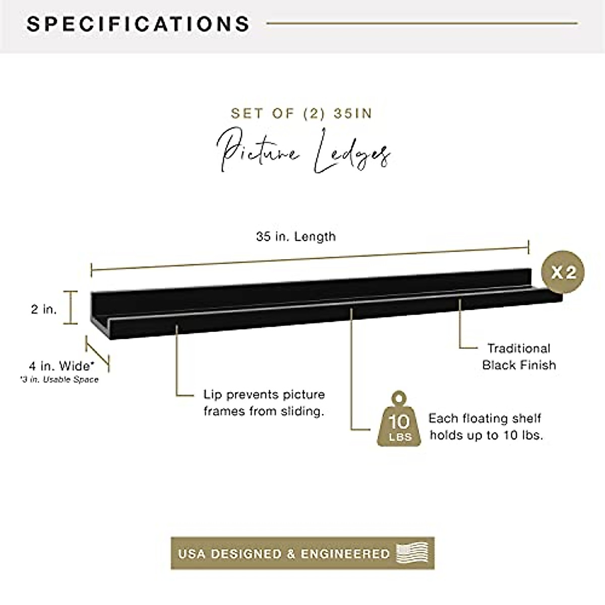 MCS Painted Picture Ledge , Black, 35 in, Set of 2