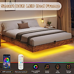 BTHFST Floating Bed Frame Full Size with LED Lights, Industrial Wooden Metal Full Platform Bed, Solid and Stable, Noise Free, No Box Spring Needed, Easy Assembly