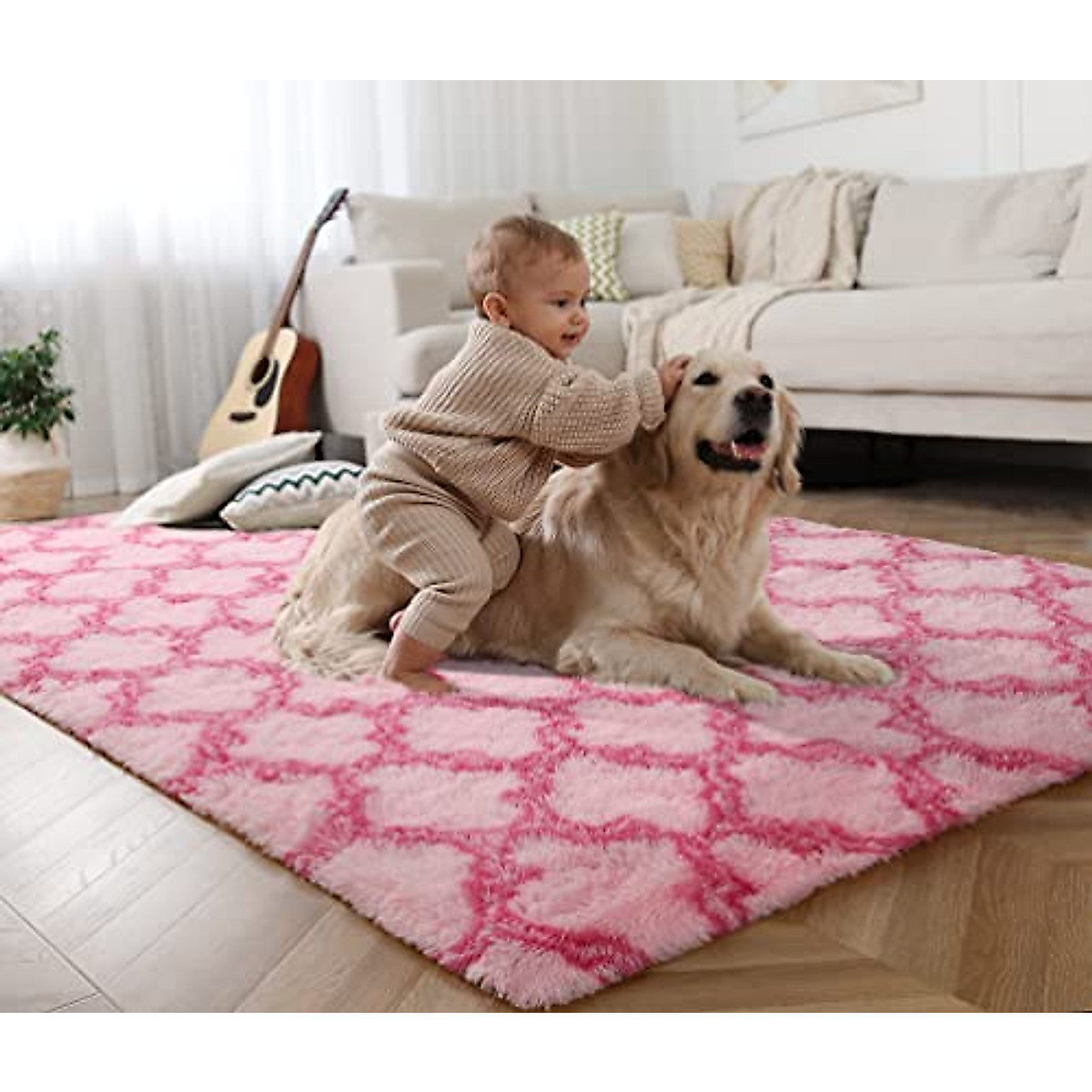 Guucha Fluffy Large Area Rugs, Soft Moroccan Shaggy Carpets, Indoor Modern Plush Area Rugs for Living Room, Bedroom, Kids' Room, Nursery Room, Pink 4x6 Feet