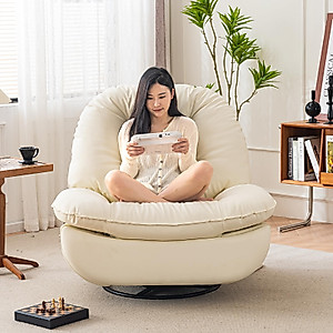 Oversized Electric Recliner Chair, 270 Swivel Rocking Glider Rocker for Adults Modern Ergonomic Lounge Chair Living Room with Phone Stand & Smart Voice Control Theater Seating, Ivory Fuax Leather