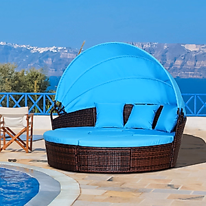 Outsunny 4-Piece Round Convertible Daybed with Cushions, Outdoor PE Rattan Patio Wicker Sofa Set, Sunbed with Adjustable Sun Canopy, Sectional Sofa, 2 Chairs, Table, 3 Pillows, Light Blue