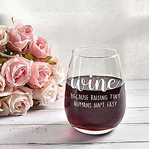Raising Tiny Humans Ain’t Easy Wine Glass, Funny Stemless Wine Glass for Dad Mom New Parents Women Men, Novelty Gag Gifts for Christmas Birthday Mother’s Day Father’s Day from Kids Wife Husband, 15Oz
