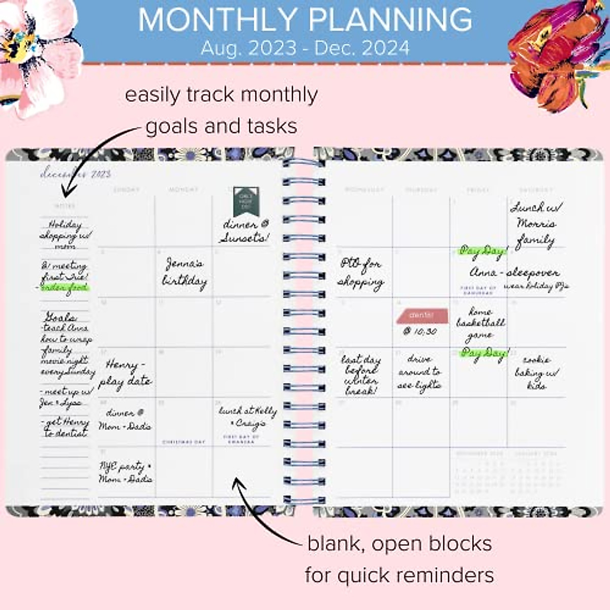 Vera Bradley Hardcover Daily Planner 2023-2024, Spiral Planner Dated August 2023 - December 2024, Jumbo Size Cute Planner, Weekly Planner with Monthly Calendar, Stickers, & Pockets, Sea Air Floral