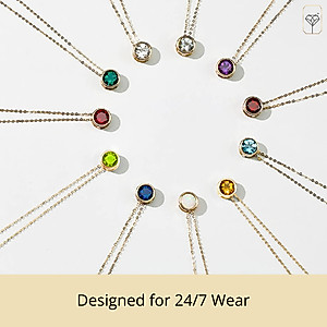 MAX + STONE 14k Yellow Gold Round Pendant Necklace for Women with 7 mm Blue Aquamarine March Birthstone on 18 Inch Cable Chain Spring Ring Clasp Bezelby