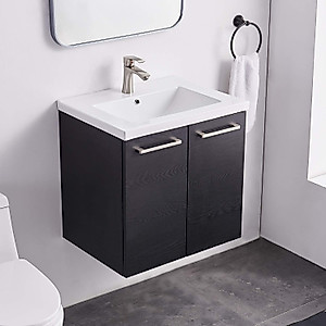 LOCLGPM Modern 24” Black Wood Grain Wall-Mounted Floating Small Bathroom Vanity, Simple Design 2-Door Bathroom Sink Cabinet Vanities Combo Set with White Ceramic Countertop Vessel Sink