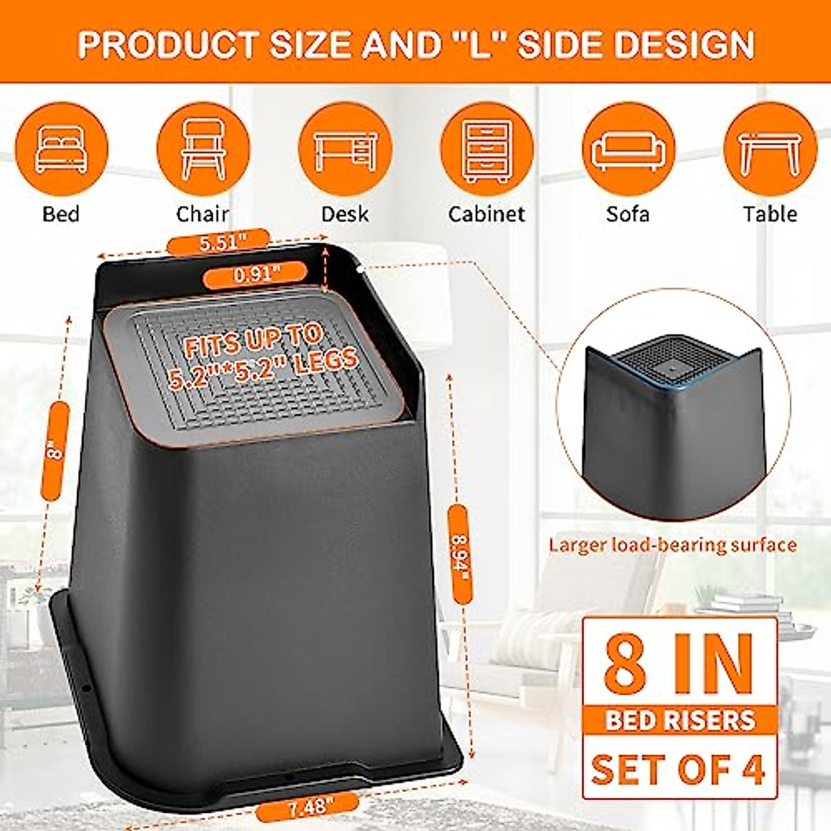 shouwuhho Bed Risers 8 Inch Heavy Duty, Furniture Risers with Durable Plastic, Oversized Bed Lifts Risers Support up to 5,000 LBS for Bed Frame, Tables, Couches, Sofa, 4 Pack, Black