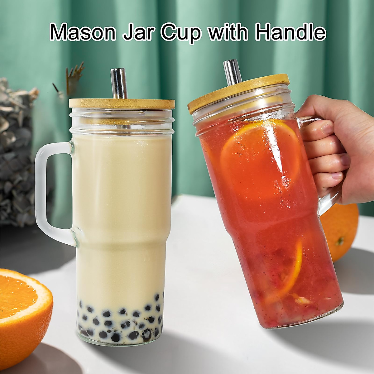 CHLJAR 4Pcs Glass Cups with Lids and Straws, 24oz Mason Jar Iced Coffee Cup Drinking Jars Glasses Tumbler with Handle Bamboo Lids Wide Mouth Travel Mug for Bubble Tea, Iced Coffee, Smoothie, Beer