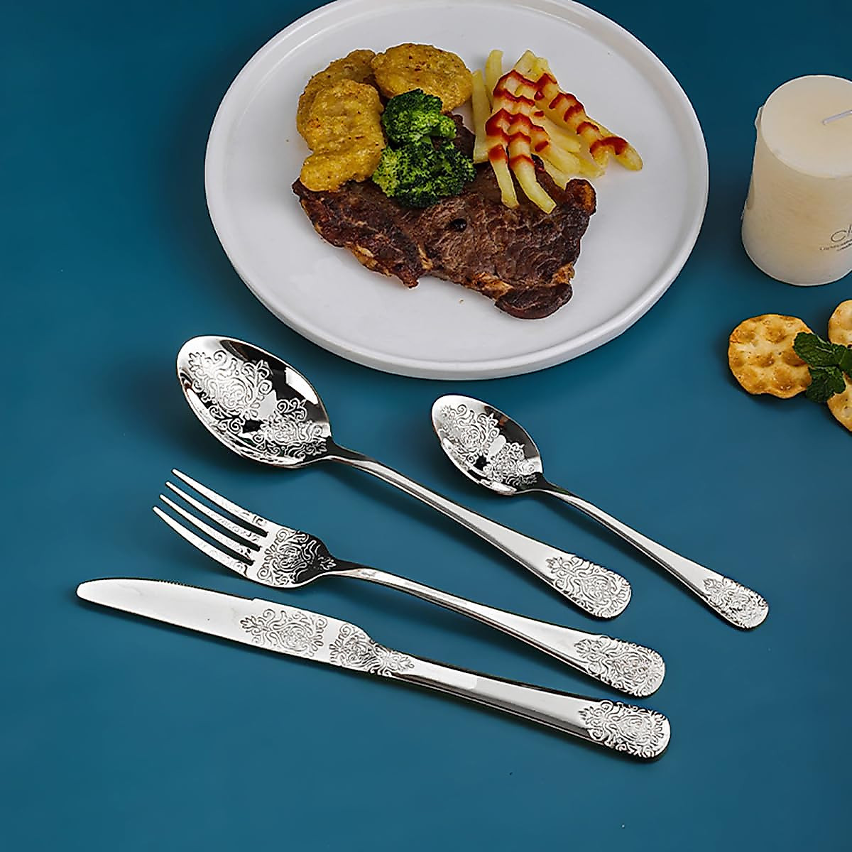 Cutlery Set for 6 Sterling Silver Silverware Set Forks Utensil Sets 24-PCS Apartment Essentials Kitchen Utensils Set Mirror Polished Glyphs Durable Ergonomic Dishwasher Safe Family Gatherings Silver