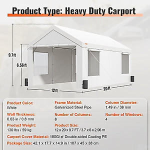 VEVOR Carport, 10x20ft Heavy Duty Car Canopy, Portable Garage with Roll-up Ventilated Windows & Removable Sidewalls, UV Resistant Waterproof All-Season Tarp for SUV, F150, Car, Truck, Boat, White