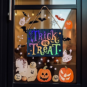 Trick Or Treat Wooden Hanging Sign - Halloween Witches Welcome Wall Decor - Pumpkin Wood Front Door Sign for Home Farmhouse Office Porch - Wood Plaque Halloween Gifts (8'' x 10") -05