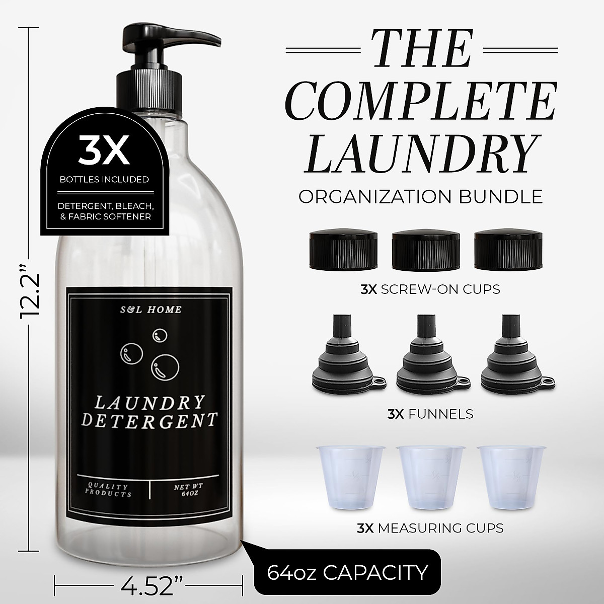 S&L Home Liquid Laundry Detergent Dispenser - 64 Oz Plastic Laundry Detergent Container, Fabric Softener Dispenser & Bleach Dispenser for Laundry Room