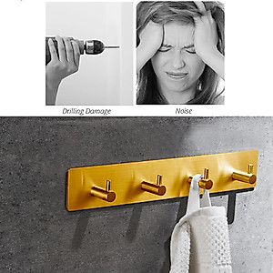 Kingdong Key Holder for Wall 304 Stainless Key Hooks Adhesive Key Holder Wall Mount Key Hanger with 4 Heavy Duty Hooks Key Organizer for Kitchen, Bedroom, Bathroom (Gold)