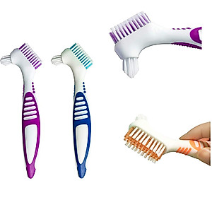 3 Pcs Denture Cleaning Brush Portable Cleaning Brush False Teeth Brushes for Denture Care Denture Cleaner with Multi-Layered Soft Bristles and Dual Angled (QIUTINGD-01)