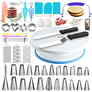 RFAQK 150PCs Cake Decorating Kit Baking Supplies Tools with Ebook and Booklet, 3in1 Cake Turntable for Decorating Cakes Cupcakes Cookies with Piping Bags and Tips Set, Leveler, Spatula & much more