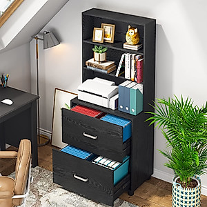 Tribesigns Vertical File Cabinet Modern Wood Filing Cabinet with 2 Large Drawer fit Letter/A4 Size, Large Printer Stand with 4 Open Storage Bookshelves for Home Office, Black