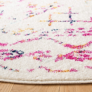 SAFAVIEH Tulum Collection 6'7" Round Ivory / Fuchsia TUL268E Moroccan Boho Distressed Non-Shedding Dining Room Entryway Foyer Living Room Bedroom Area Rug