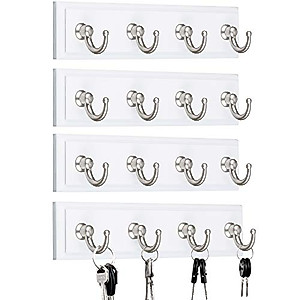 4 Pieces Key Rail 4-Hook Key Organizer Hook Rail Self-Adhesive Key Rack for Hanging Keys Towels (White)